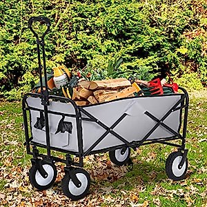 Utility Wagon Outdoor Collapsible Folding Wagon Cart, Portable Garden Cart - Heavy Duty Beach Cart with Adjustable Handles, All-Terrain Wheels and Cup Holders for Garden, Camping, Park Picnic (White)