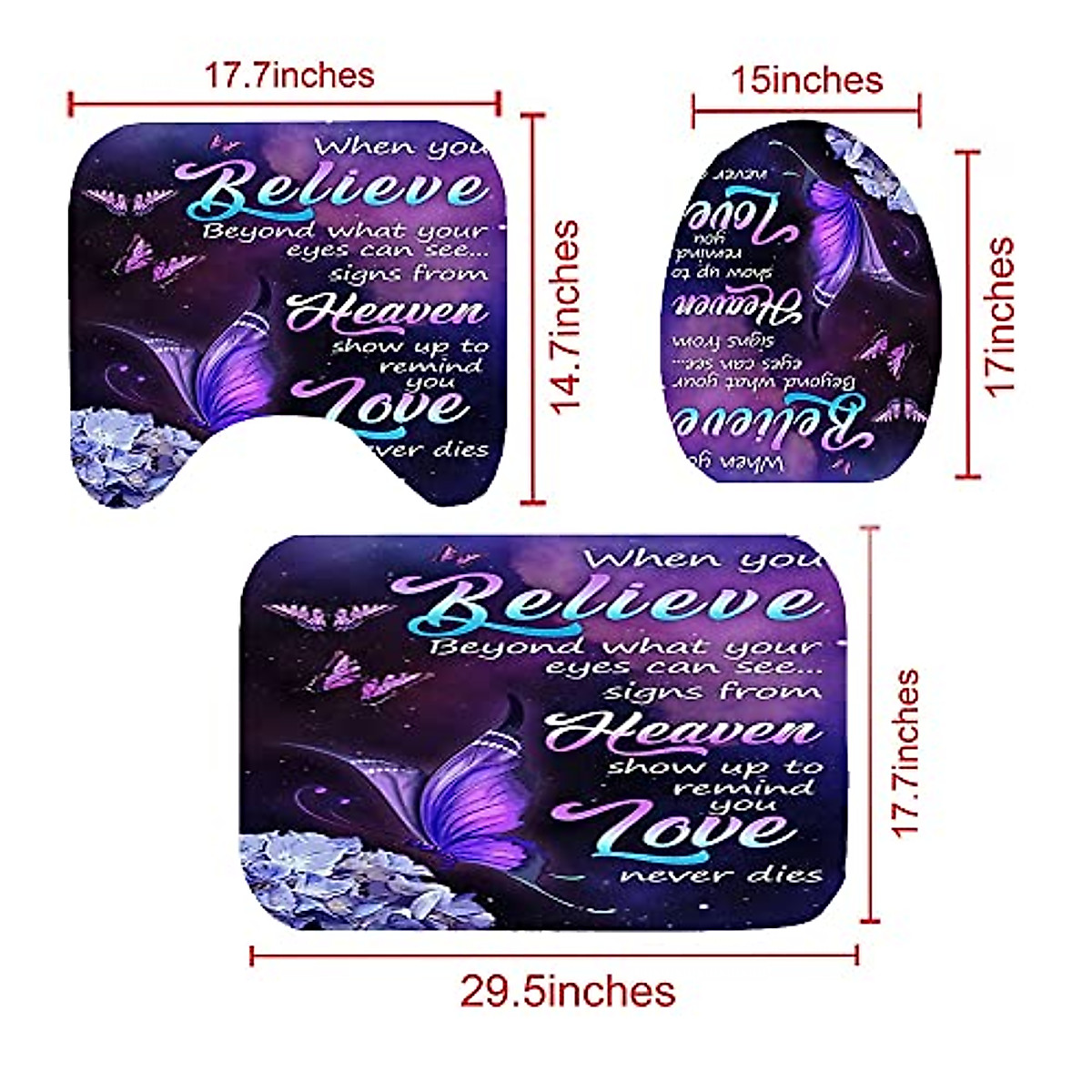 Butterfly Shower Curtain Sets with Non-Slip Rugs,Bath Mat,Toilet Lid Cover and 12 Hooks,Waterproof Polyester Modern Style Floating Purple Bath Sets Bathroom Decor 4Pcs