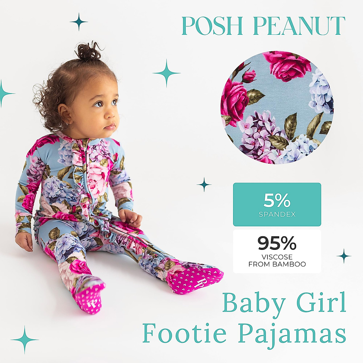 Posh Peanut Footie Pajamas for Baby Girls – Sleepers in Ultra-Soft Viscose from Bamboo with 2-Way Zipper & Ruffle Trim – Newborn to Toddler Sleepwear (Lacey, 3-6 Months)