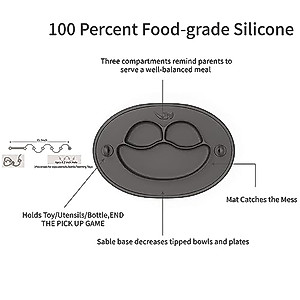 Silicone Suction Toddler Plates - Baby Plate Placemat for First Foods,Self-Feeding Plate for Kids + 3 Divided + 2 Tethers - Dishwasher Safe (Grey)