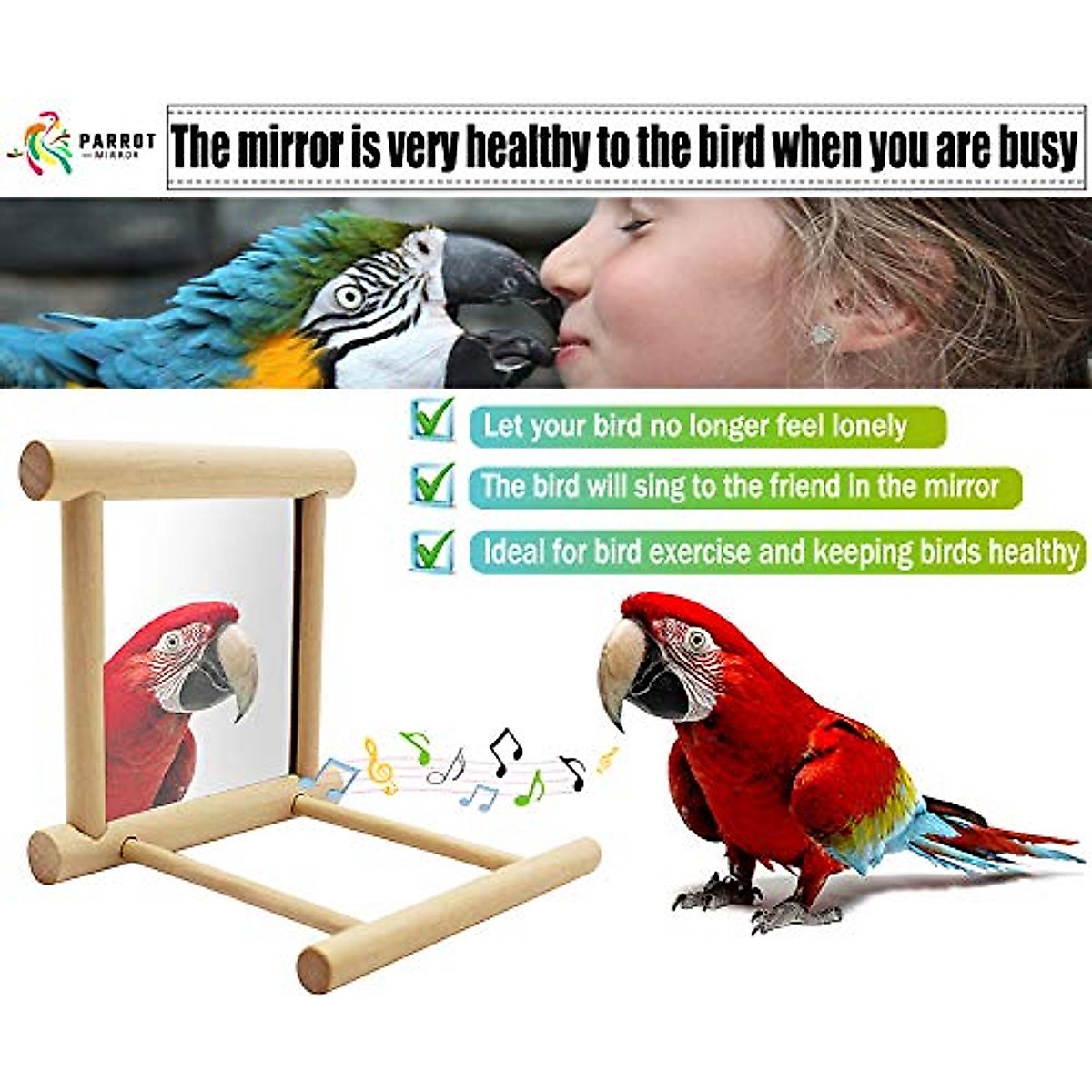 Blessed family Bird Parakeet Mirror for Cage,Parrot Perch Stand,Wooden Hummingbird Swing Toy,Parakeet Accessories for Cockatiels Conure Finch Lovebird Canary African Grey Macaw