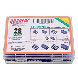 HUAREW 5 Values 28 Pcs Black Clip-on Ferrite Ring Core RFI EMI Noise Suppressor Cable Clip for 3.5mm 5mm 7mm 9mm 13mm Diameter Cable