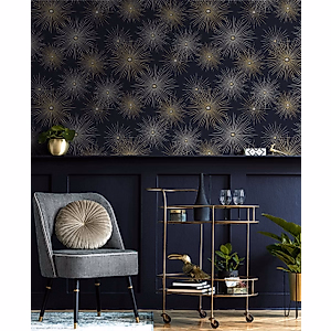 NextWall Starburst Geo Mid Century Peel and Stick Wallpaper (Midnight Blue & Metallic Gold)