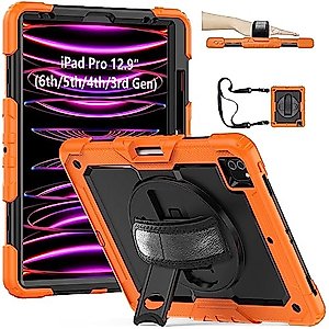 CLARKCAS Case for iPad Pro 12.9 inch Case 6th 2022 2021 5th Generation iPad Pro 12.9 Inch 2020 4th Gen with Screen Protector Pencil Holder Kids Shockproof Silicone Cover 360 Stand Hand Strap Orange