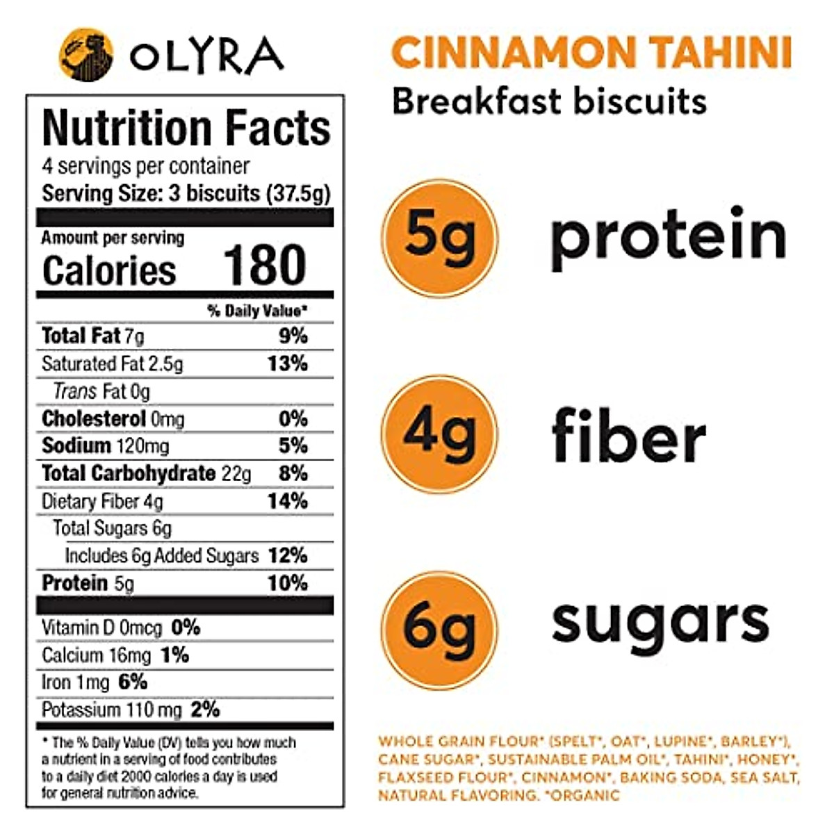 Olyra Breakfast Biscuits Cinnamon Tahini | Kids Healthy Snacks | Low Sugar, High Fiber, Plant-Based Protein | Breakfast Cookies 4 Count (Pack of 1)