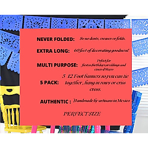 5 pk Fiesta Party Supplies, Royal Blue Mexican Banner Flags, 50 Panels of Papel Picado, 60ft Tissue Paper Garland Perfect for birthdays, weddings, quinceaneras, taco bar ws2030