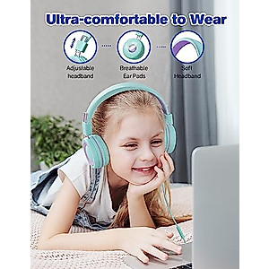 KLYLOP Kids Headphones with Microphone - 91dB Safe Volume Limited, Stereo Sounds, Wired On-Ear Headsets for Kids Teens with Sharing Splitter, Tangle-Free Foldable Headset for School/Tablet/Travel