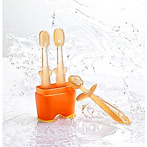 FOKiiBO Baby Silicone Toothbrush Set, Toothbrush + Tongue Brush + Baby Teether + Finger Toothbrush with Cup for Training Teething, 0-18M Infant Toddler Newborn Baby Teeth Brushes (Amber)