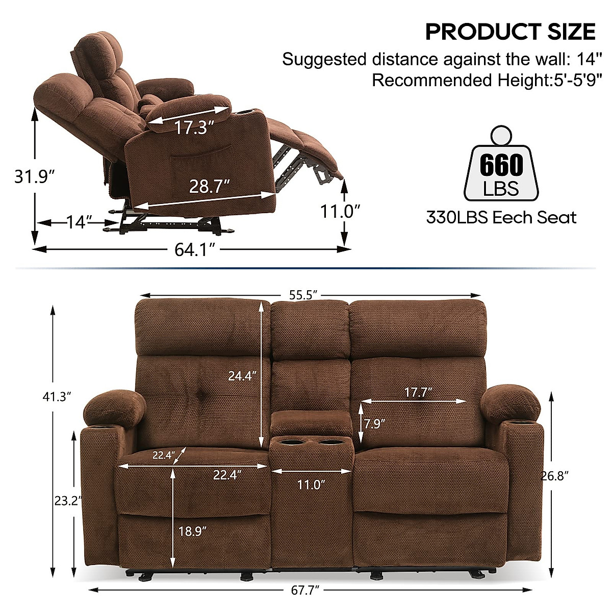 RIHEREFY 68'' RV Power Loveseat Recliner Sofa | Reclining Loveseat with Console & Cup Holder | Double Recliner Sofa | Theater Seating Loveseat with Heat and Massage (Fabric, Coffee)