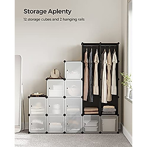SONGMICS Cube Storage Organzier Portable Wardrobe Closet, 12 Cubes DIY Plastic Armoire Cabinet Modular Shelves Unit with Doors and Hanging Rods for Bedroom, Black ULPC301B01