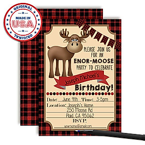 Rustic Red & Black Plaid Flannel Print Moose Birthday Party Invitations, 20 5x7 Fill In Cards with Twenty White Envelopes by AmandaCreation