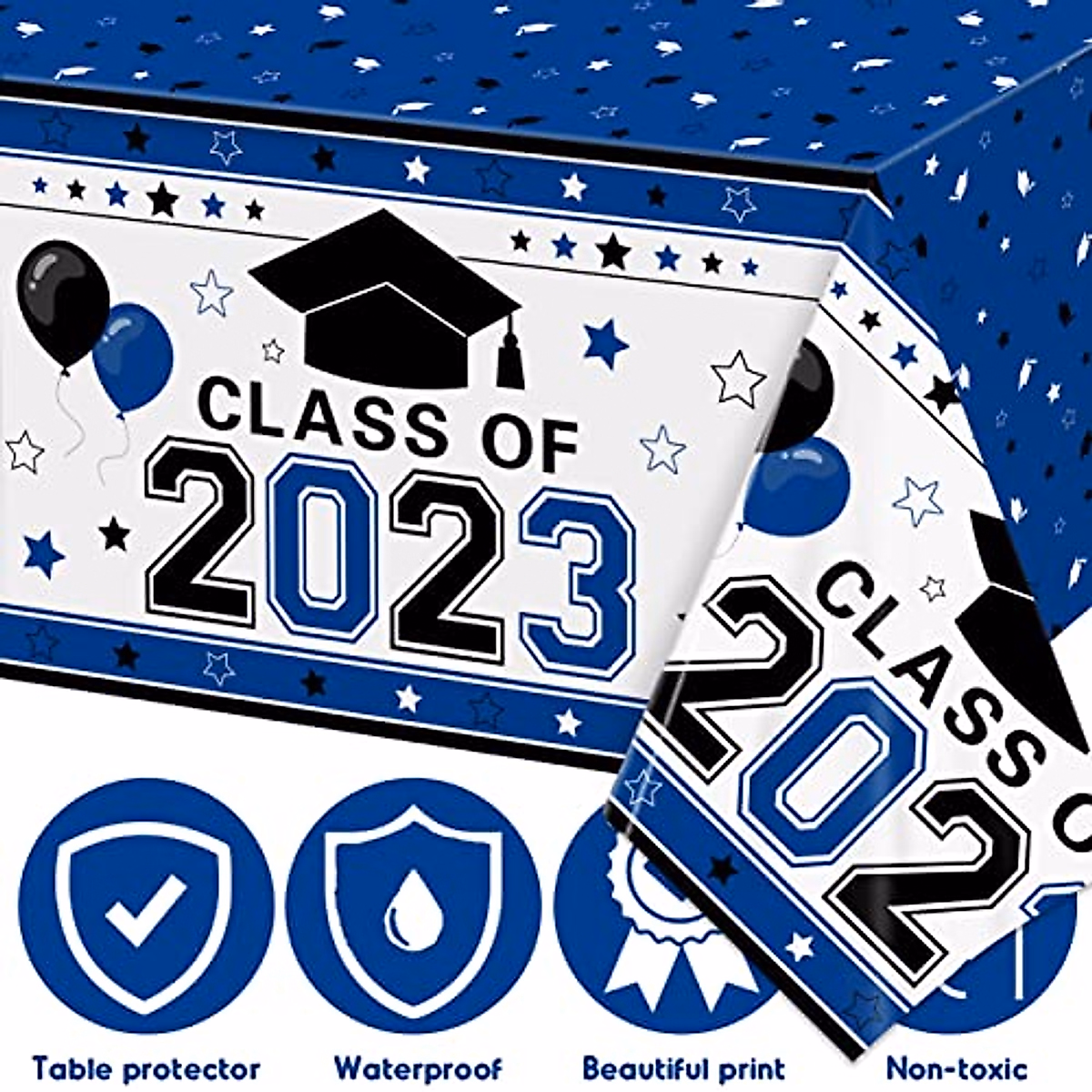 ssailue decor 2023 Graduation Decorations, 3 Pieces Blue Class of 2023 Tablecloth Plastic Disposable Graduation Table Cover for Congrats Grad Party Supplies, 43x 70 Inch