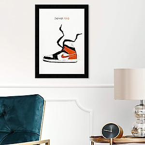 Wynwood Studio Basketball Sneakers Wall Art Street Style Home Décor Framed Poster Print Painting 'Sneaker Head Drawing' in Black, Red Swoosh Jordans