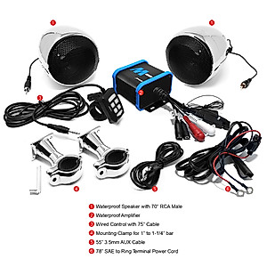 GoHawk TN4-W Waterproof Amplifier 4" Full Range Bluetooth Motorcycle Stereo Speakers 1 to 1.25 in. Handlebar Mount Audio Amp System Harley Touring Cruiser ATV 4-Wheeler, USB, AUX, FM Radio