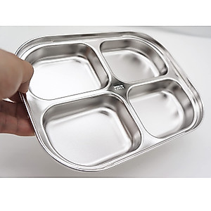 Korean Stainless Steel Divided Plates by KS&E, Little Kids Toddlers Babies Tray, BPA Free, Diet Food Control, Compact Serving Platter, Dinner Snack, 4 Compartment Plate Silver, Set of 2