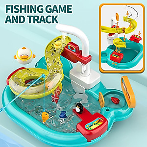 LEWANT Play Sink with Running Water, Kids Kitchen Sink & Fishing Playset with Electric Faucet, Toy Kitchen Accessories, Play Food, Dishwasher Toy for Toddler Girl Boy Birthday