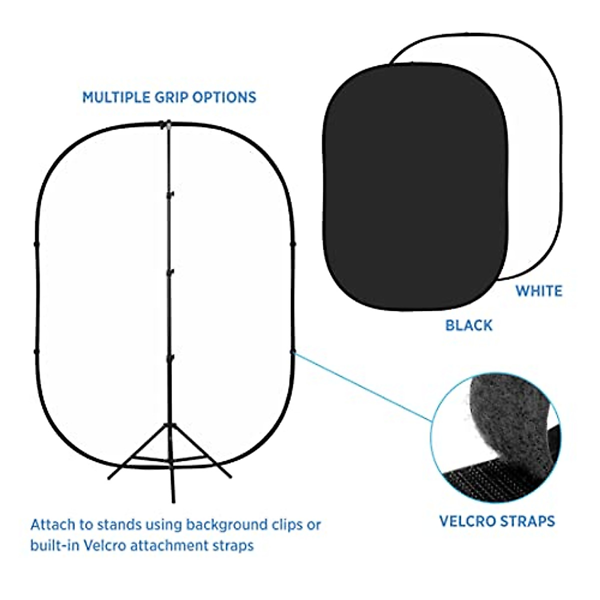 Fovitec Reversible 5'x6.5' Black and White Pop-Up Backdrop with Stand and Clip, for Headshot and Portrait Photography, Vlogging, Video Conference, and Live Stream