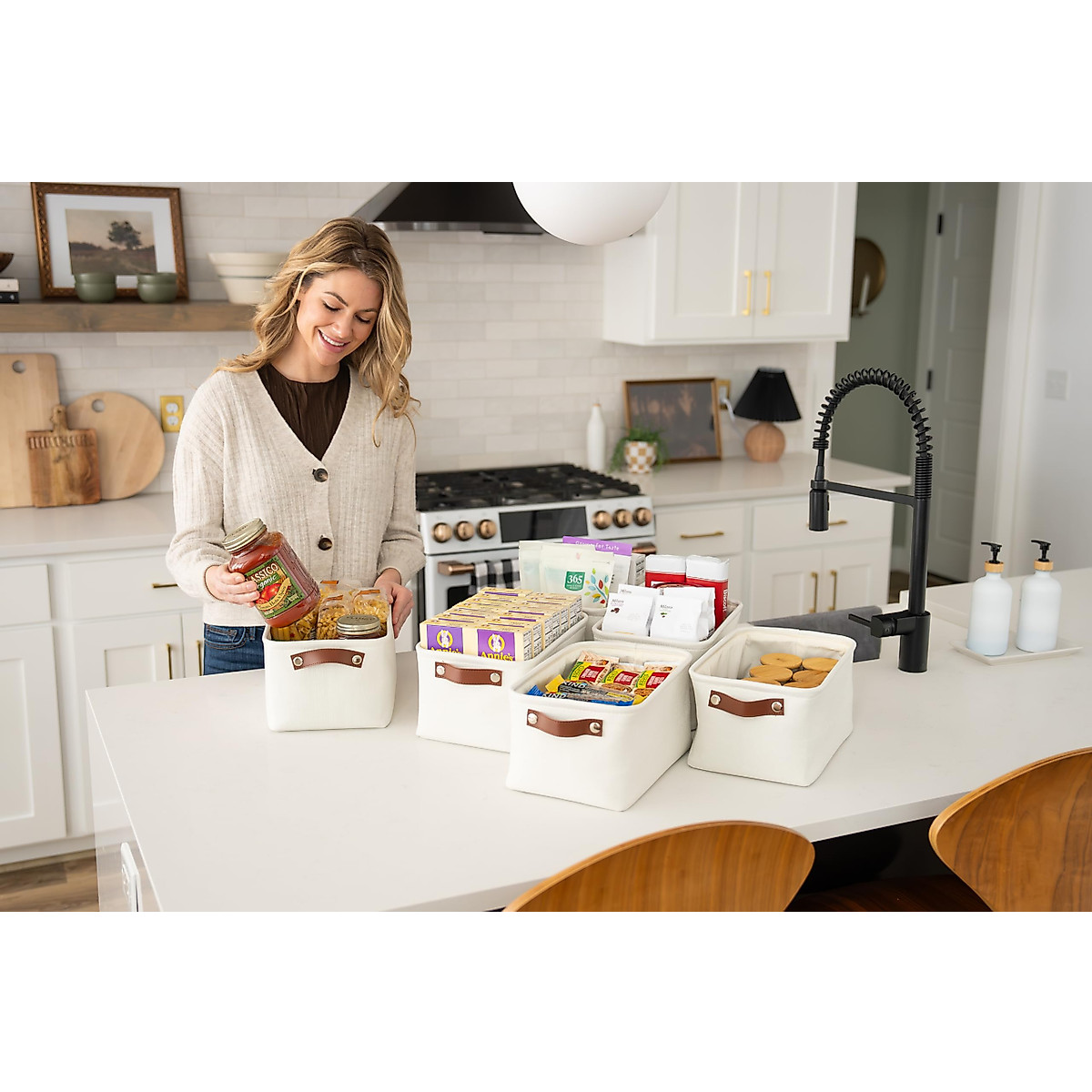 OrganiHaus Small Fabric Storage Bins for Shelves 3 Pack | 12x8in Closet Storage Bins for Shelves | Cloth Baskets for Organizing | Linen Closet Organizers | Fabric Basket - Gray/White