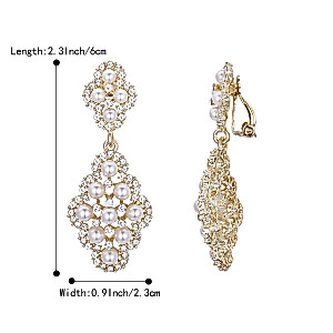 BriLove Wedding Bridal Clip On Earrings for Women Rhombus Crystal Simulated Pearl Hollow Chandelier Dangle Earrings Clear Gold-Toned