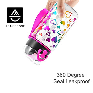 Cute Water Bottle with Straw for Kids Girls Boys, BPA Free Tritan & Leak Proof Flip Top & Soft Silicone Sipper & Easy Clean, 15oz / 450ml (Heart)