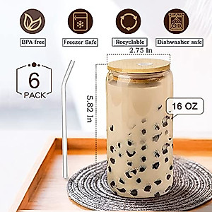 Glass Cups with Bamboo Lids and Glass Straw 6pcs Set - Beer Can Shaped Drinking Glasses, 16 oz Iced Coffee Glasses, Cute Tumbler Cup for Smoothie, Boba Tea, Whiskey, Juice, Water - 2 Cleaning Brushes
