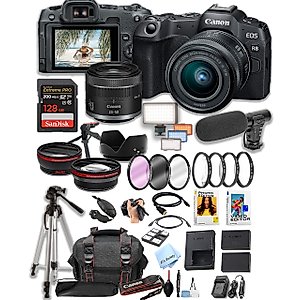 Canon EOS R8 Mirrorless with RF 24-50mm f/4.5-6.3 is STM Lens + 128GB Pro Speed Memory + Led Video Light + Microphone +Case + Tripod + Software Pack-Video Bundle