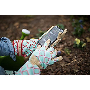 Digz Rose Pruning Vegan Leather Garden Gloves, Long Forearm Protective Cuff with Touchscreen Compatible Finger Tips, Red Geometric Pattern, Medium