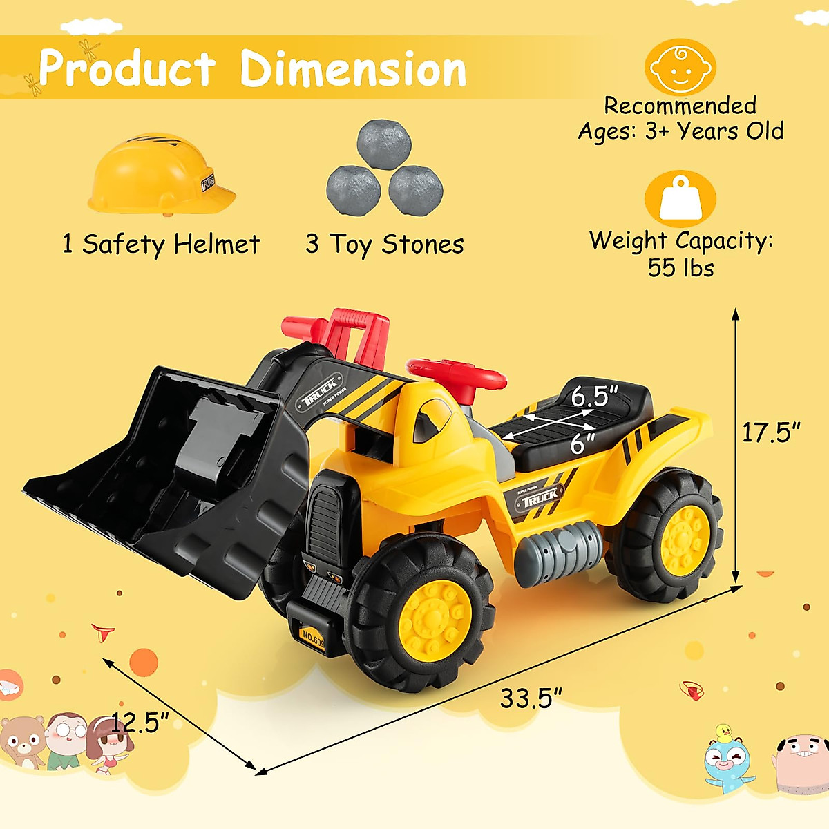 Costzon Ride on Excavator, Ride on Construction Vehicles w/Helmet, 3 Toy Stones, Realistic Sound, Adjustable Bucket & Under Seat Storage, Bulldozer Ride on Toy Gift for Kids Boys & Girls