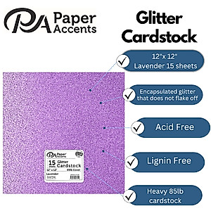 PA Paper Accents Glitter Cardstock 12" x 12" Lavender, 85lb colored cardstock paper for card making, scrapbooking, printing, quilling and crafts, 15 piece pack