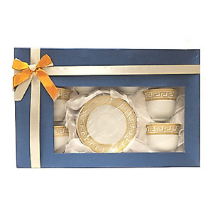Euro Porcelain 12-Pc. 'Golden Greek Key' Tea Cup Coffee Set, Premium Bone China, 24K Gold-Plated, Complete Service for 6