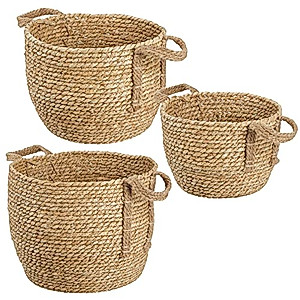 mDesign Round Braided Seagrass Woven Storage Basket with Jute Handles - Rope Weave Circle-Shaped Basket Bin for Shoe Storage in Entryway, Organizing Playroom Toys, and Laundry - Set of 3 - Natural