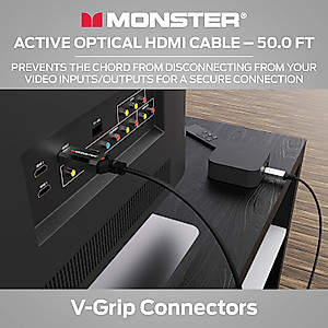 Monster Essentials Directional Fiber Optic HDMI 2.1-48 Gbps Active Optical Cable Featuring Aluminum Extrusion Connector - Supports 8K @ 60HZ, 4K @ 120HZ, Premium Certified, V-Grip, 50ft