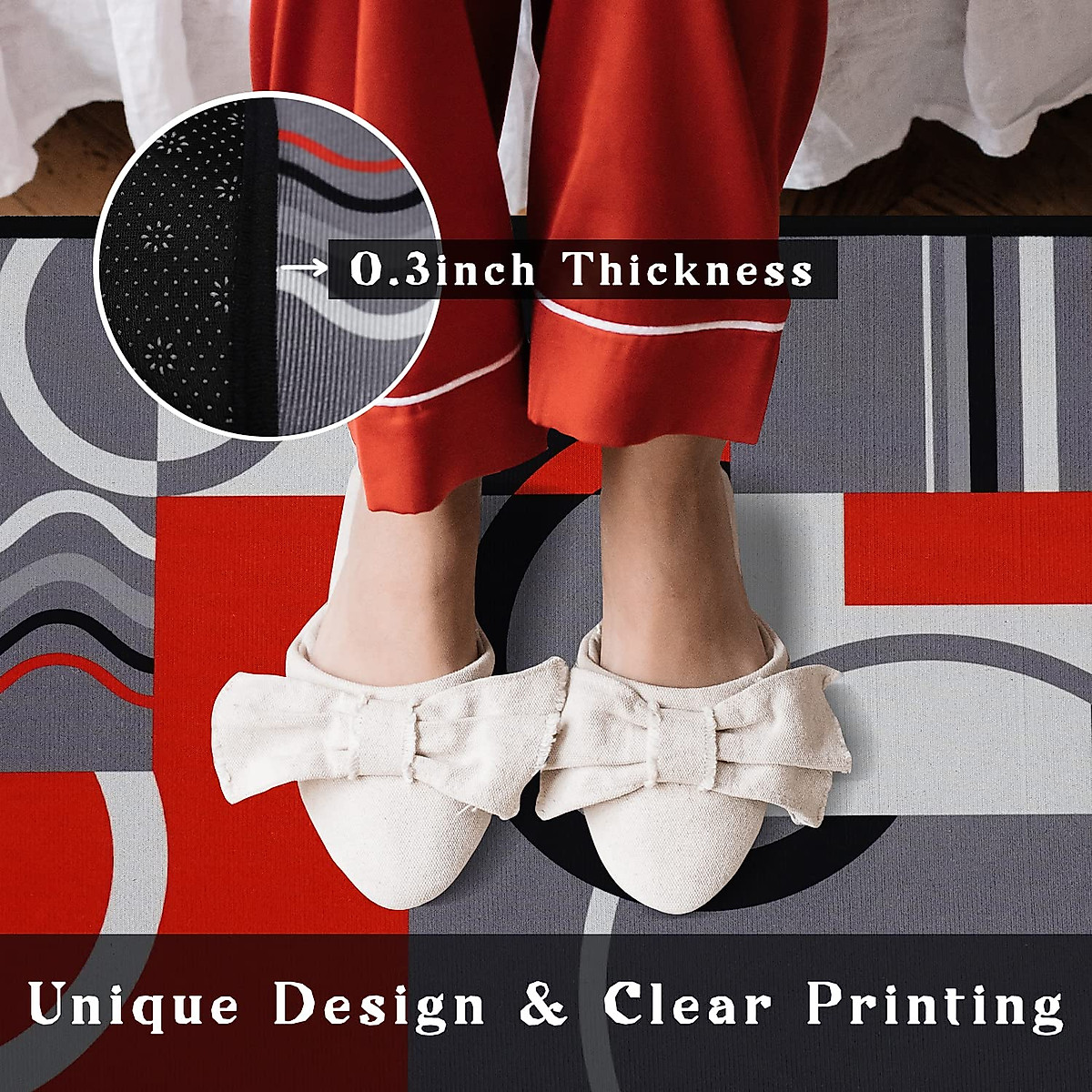 Red Black Grey White Kitchen Rug Set of 2, Modern Abstract Kitchen Floor Mat Rugs Carpet- Geometric Black White Red Kitchen Decor and Accessories Home Decoration- 17x30 and 17x47 Inch