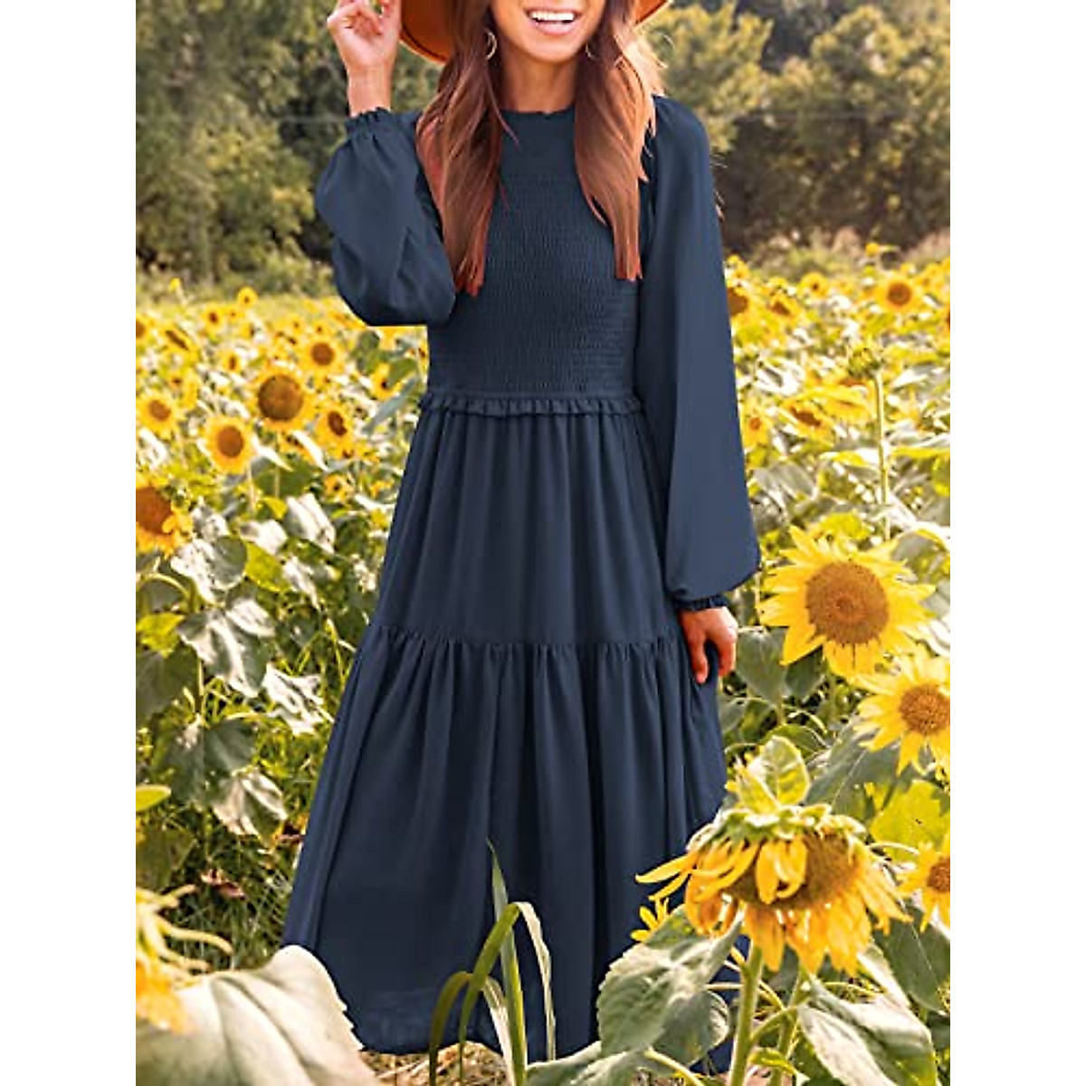 LOGENE Womens Long Sleeve Boho Smocked Midi Dress Casual Tiered Dress with Pockets 575-zanglan-S Navy Blue