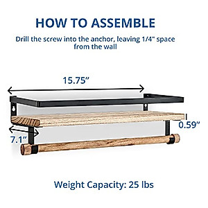 Halter Bathroom Shelf with Towel Bar, Wall Mounted Floating Shelves with Bar and Paper Towel Rod for Bathroom and Kitchen, Wooden Bathroom Shelves, Floating Bar Shelves, Natural