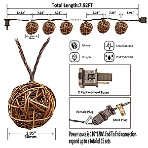LIDORE 10 Counts Brown Rattan Balls String Light. Warm White Light Brown Cord for Patio Garden and Summer Party