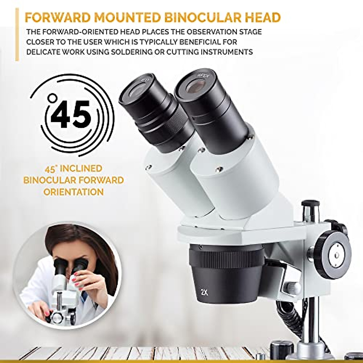 AmScope SE306R-P-LED Forward-Mounted Binocular Stereo Microscope, WF10x Eyepieces, 20X and 40X Magnification, 2X and 4X Objectives, Upper and Lower LED Lighting, Reversible Black/White Stage Plate, Pillar Stand, 120V or Battery-Powered