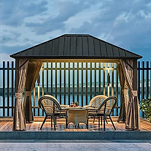 Domi Hardtop Gazebo 10' X 12', Permanent Outdoor Galvanized Steel Roof Gazebo with Aluminum Frame, Pavilion Metal Gazebos with Netting & Curtains for Garden, Patios, Lawns, Parties(Dark Brown)