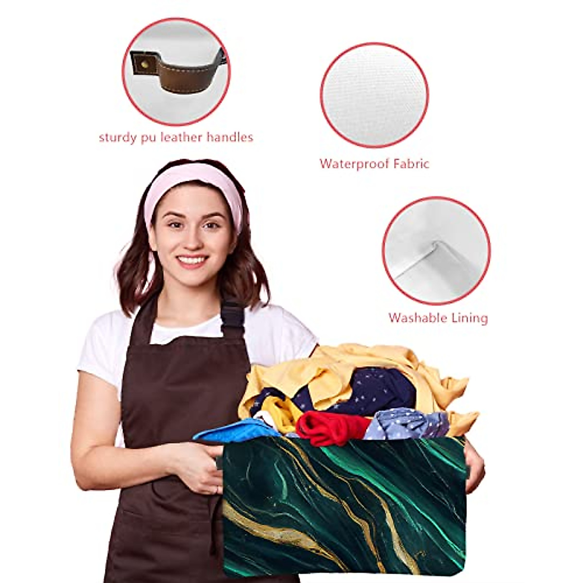 Marble Emerald Green Cube Storage Organizer Bins with Handles, 15x11x9.5 Inch Collapsible Canvas Cloth Fabric Storage Basket, Modern Abstract Gold Art Books Kids' Toys Bin Boxes for Shelves, Closet