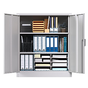 Reemoon Metal Storage Cabinet with Locking Doors and Adjustable Shelves, 41.6" Small Steel Storage Cabinet for Home Office, Grey