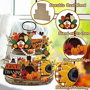 Uruney Thanksgiving Tiered Tray Decor, Farmhouse Turkey Fall Tray Decorations, Gnome Pumpkin Spice Sunflower Wooden Signs Wood Bead Garland, Rustic Autumn Fall Decorations for Home Table Shelf