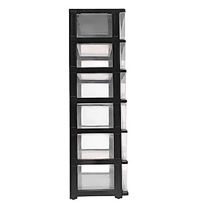 LINISHOP 6-Tier Rolling Storage Cart Rectangle Rolling Storage Cabinet Organizer Books Documents Storage Foldable Drawer Shelves Unit Rack with 4 Wheels for Home Office PP 19.7*13*43in (Black+Clear)
