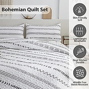 LUCKYBULL White Quilt Set Boho Bedspread King XL Size (104x96 in), 3 Pieces Bohemian Striped Reversible Lightweight Coverlet Quilt Set for All Season