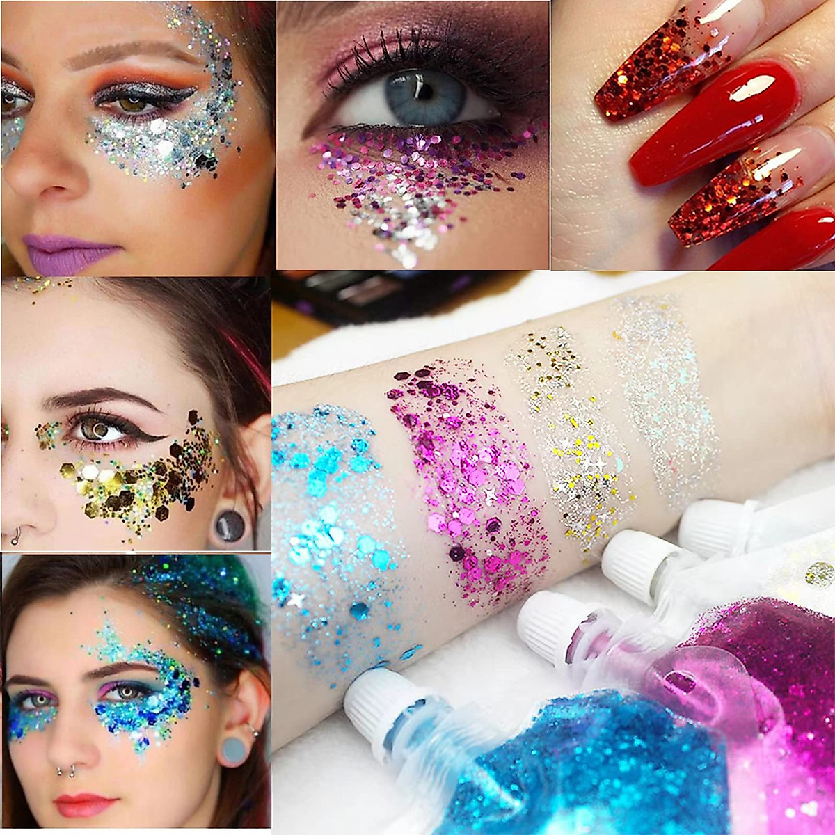 Body Glitter Gel 16 Color Sequins Glitter Gel Easy to Apply&Clean, Festival Glitter Christmas Makeup for Women Long Lasting Sparkling Suitable for Body, Face, Hair, Eyes Silver (Chunky Glitter)