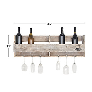 Deco 79 Wood 10 Bottle Wall Wine Rack with 6 Glass Holder Slots, 36" x 5" x 11", Brown