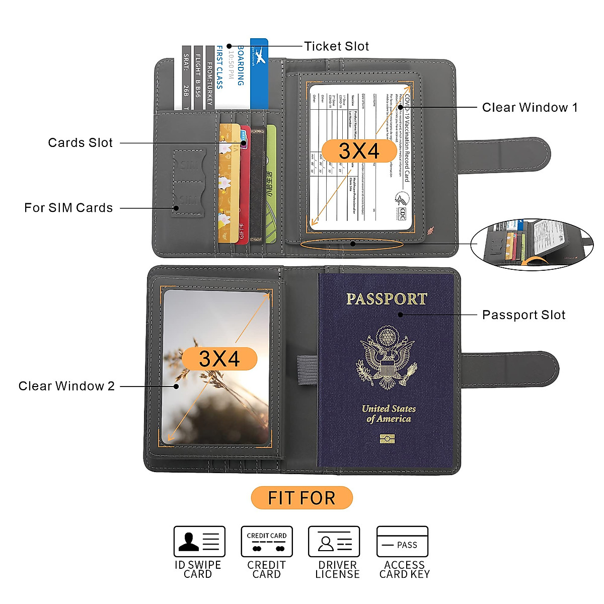 Deziliao Passport and Vaccine Card Holder Combo, PU Leather Passport Holder with Vaccine Card Slot, Passport Wallet for Men and Women (Gray-fly)