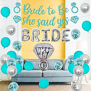Teal Bachelorette Party Decorations Kit, Bridal Shower Decorations Teal for Girls with Bride Letter Balloons, She Said Yes Glitter Banner, The Bride Sash and Silver Diamond Ring Foil Balloon
