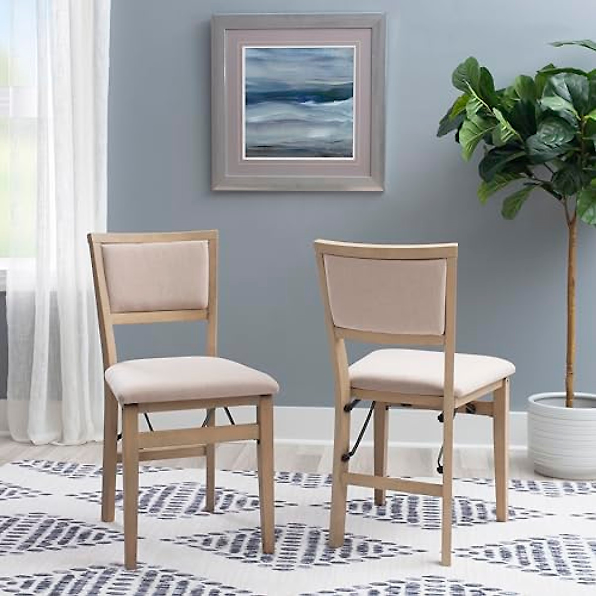 Linon Keira Wooden Folding Chair Upholstered Seat and Back Set of 2, Dining Height, Rustic Natural & Beige