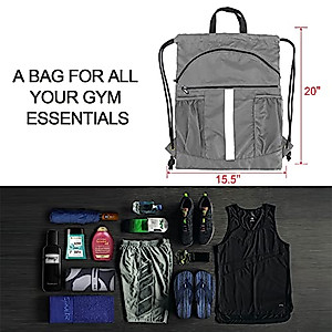 BeeGreen Grey Drawstring Backpack Bag with Shoe Compartment X-Large Black Gym Sports String Cinch Backpack Athletic Sackpack Mesh Water Bottle Holders for Women Men