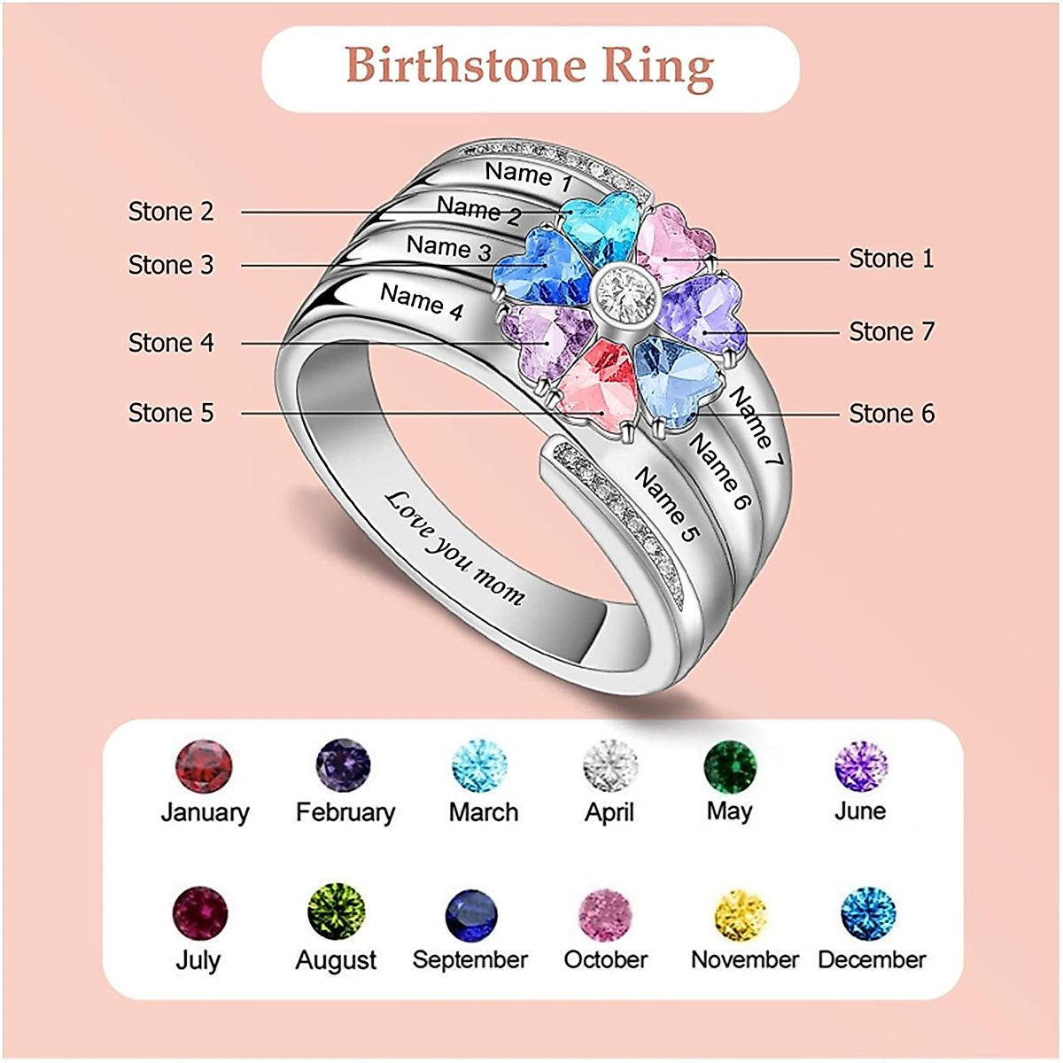 BAUMA AUTO Personalized Womens Ring with 2-8 Birthstones & Custom Names Sterling Silver Mother Ring Anniversary Rings for Mother's Day Women Grandma Wife (7 Name)
